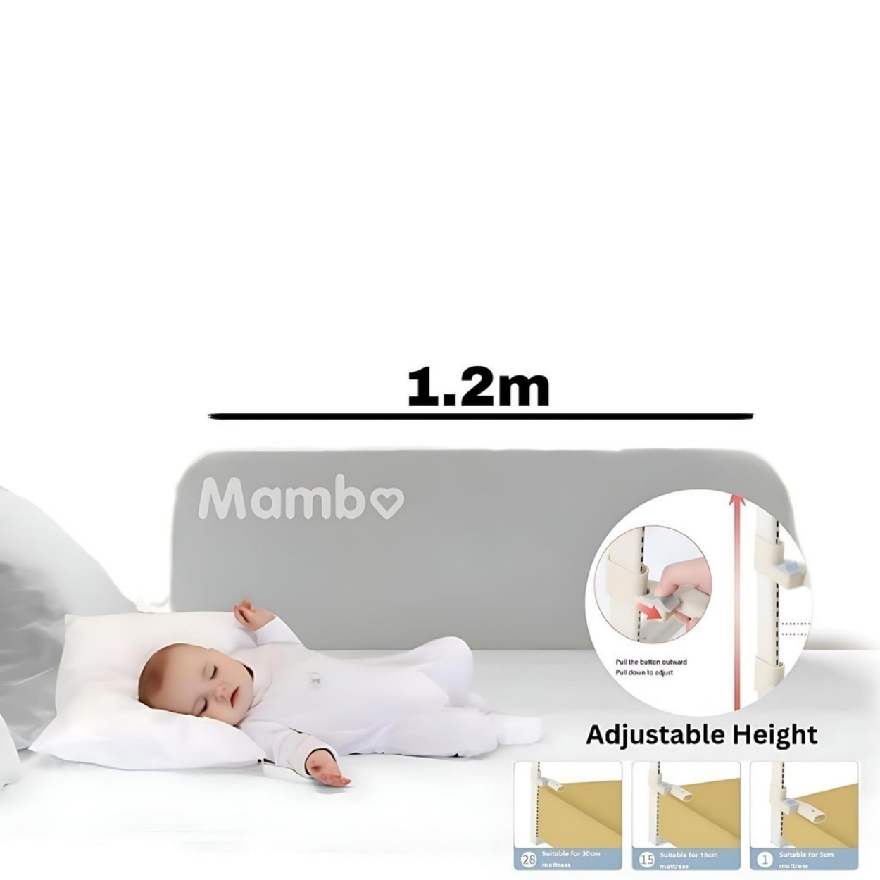 Mambo Baby Foldable Safety Bed Guard Rail Adjustable Height Fence For ...